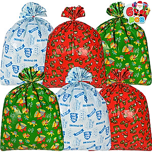 JOYIN 6 Pieces Christmas Giant Goody Gift Bags, Jumbo Size 43” X 36”, W/ Tie & Name Card Assortment for Holiday Treats, Oversize Xmas Gifts, Heavy Duty Party Favor Supplies, Christmas Goodie Large Bags
