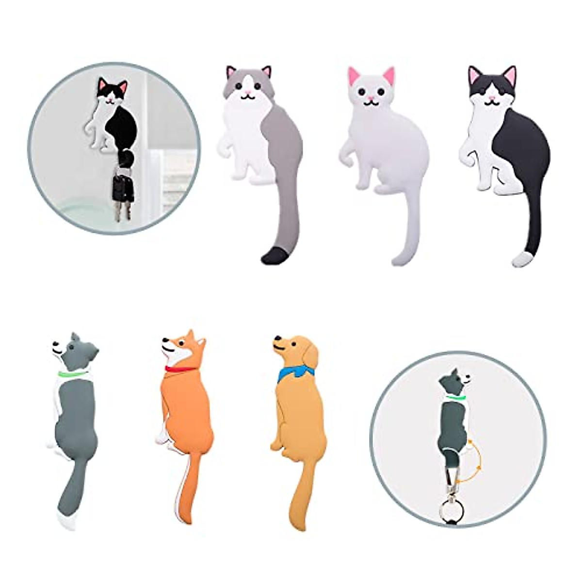 YISTOS Cute Animal Decorative Wall Hooks ,Kids Adhesive,Adhesive Shower Towel Hooks for Bathrooms Wall Mounted,Hat Key Hooks Decorative for Wall, Small Keychain Hook(3Pcs Cat,3 Pcs Dog), White