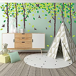 Six Birch Tree Wall Decals Birds Cute Squirrel Forest Wall Stickers for Kids Room Nursery Bedroom Living Room Classroom Decoration (Brown,Green)