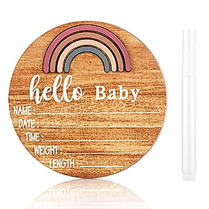 Wooden Baby Birth Announcement Sign Rainbow Baby Name Sign with Marker Pen Baby Arrival Sign Welcome Newborn Sign for Hospital Photo Prop Baby Shower Nursery Gift