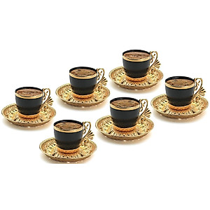 (Set of 6) Demmex Turkish Greek Arabic Coffee Espresso Demitasse Cup Saucer Spoon Set, Black Cups (Gold)