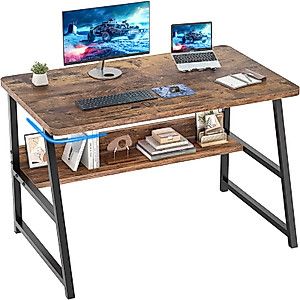 Topfurny Computer Desk 32 Inch Modern Sturdy Writing Desk with Bookshelf Study Table Desk with Metal Legs Industrial Table for Home Office for Small Space, Rustic Brown