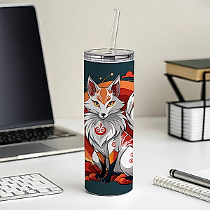 Kitsune Fox Japanese Folklore Skinny Tumbler 20oz with Straw Insulated Water Bottle Gift