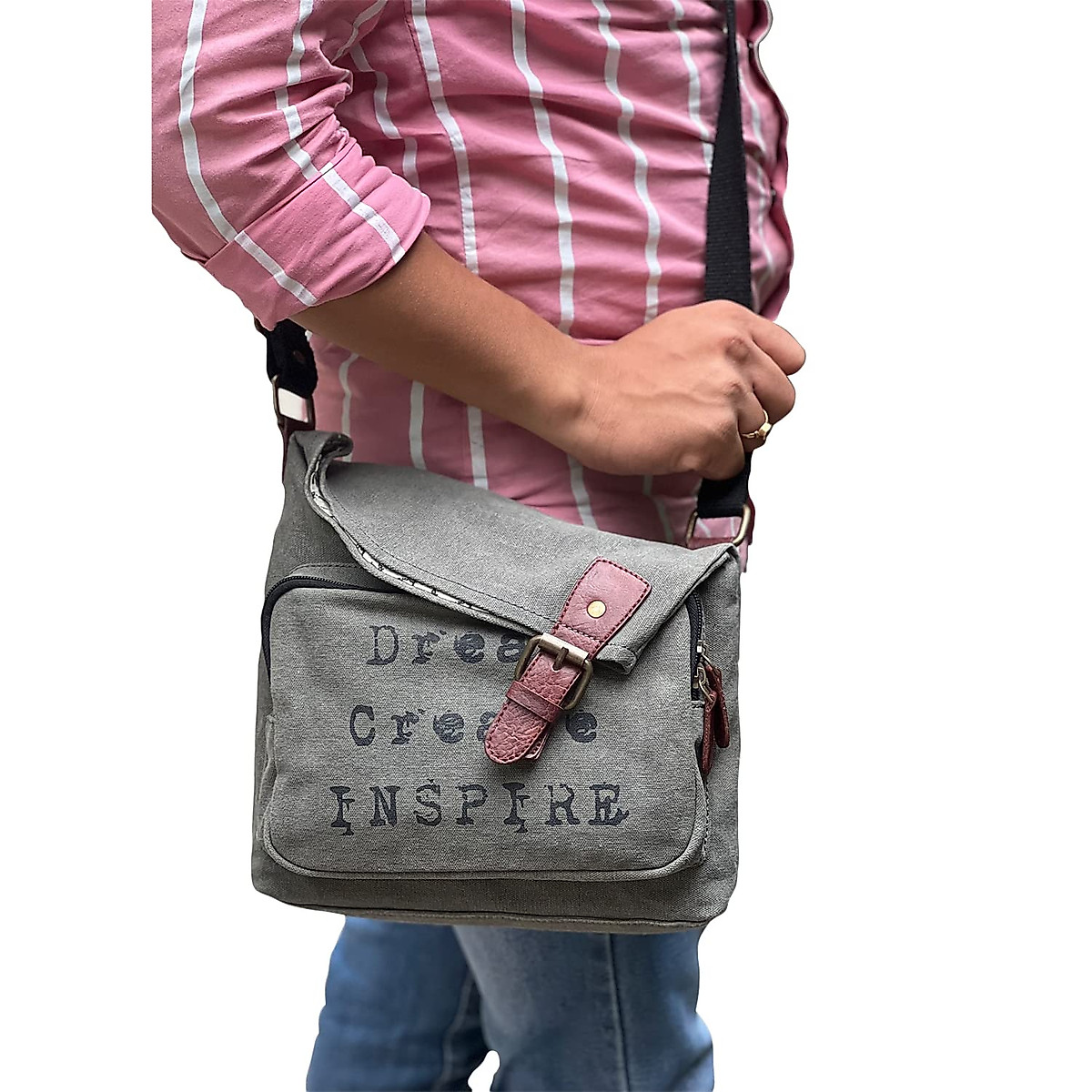 Mona B Dream Create Inspire Upcycled Canvas and Genuine Leather Trims Crossbody