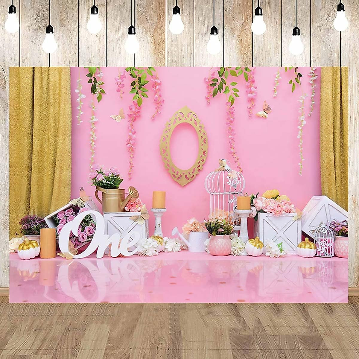 Girl 1st Birthday Photography Background Pink Floral Garden Girl Princess 1st Birthday Party Decorations Backdrop Pink Gold Girl First Birthday Party Backdrops One Year Old Cake Smash Banner (7X5FT)
