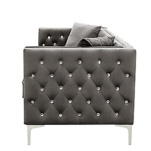 Fulocseny Velvet Upholstered Loveseat Sofa,59.4" Jeweled Buttons Tufted Square Arm Couch,Modern Couch Button and Metal Legs,Sofa Couch with 2 Pillows for Bedroom (Grey+Velvet, 59.4 L*32.3 W*29.1 H)