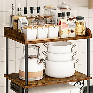 HOOBRO Kitchen Bakers Rack with Power Outlet, 5-Tier Free Standing Kitchen Storage Shelf Rack, Microwave Stand with 4 S-Shaped Hooks, Rustic Brown and Black BF55UHB01