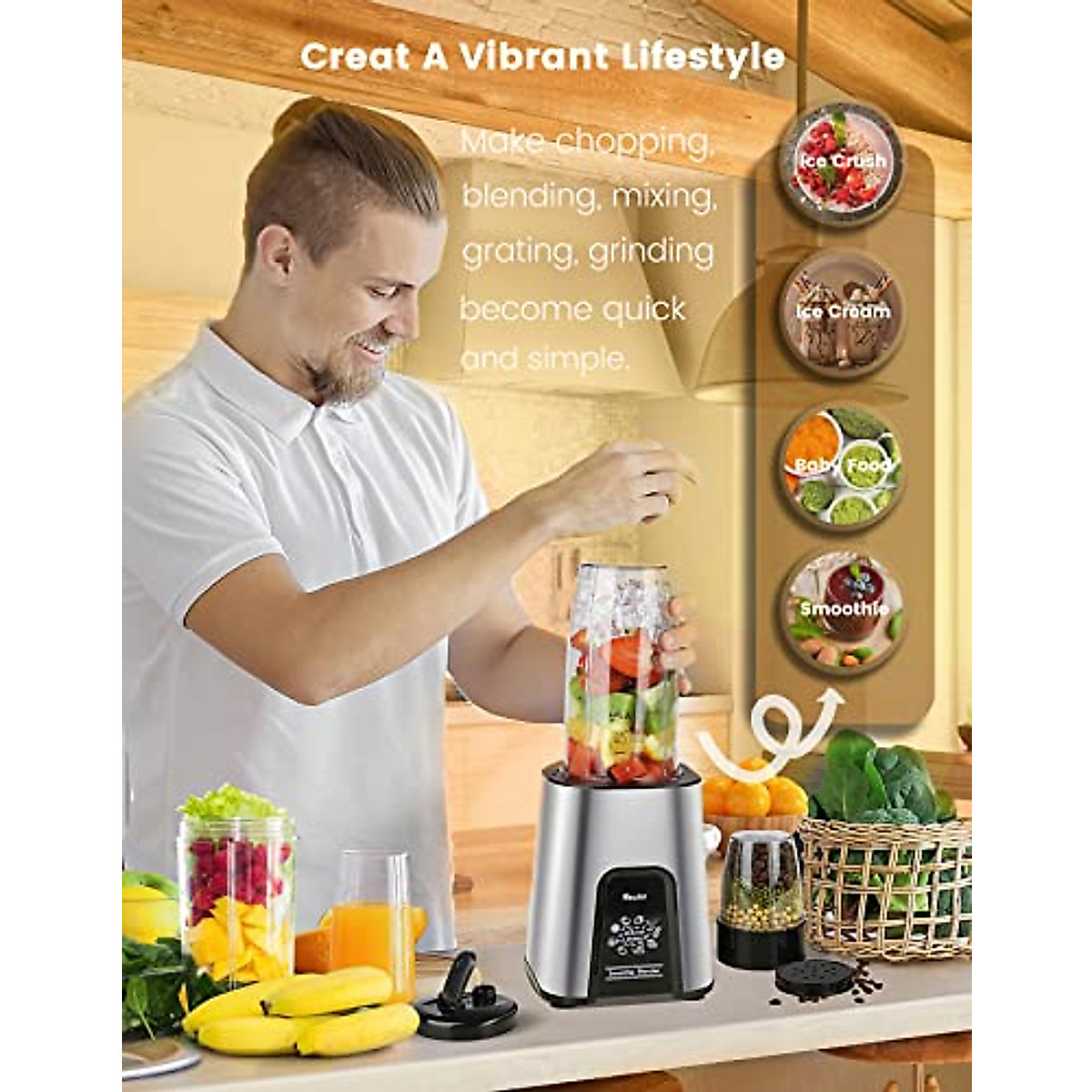 VEWIOR 20 Pieces Smoothie Blender for Shakes and Smoothies, 1000W Blenders for Kitchen, Protein Drinks, Bullet Personal Blender with 2 * 22Oz Smoothie Cups with Lids