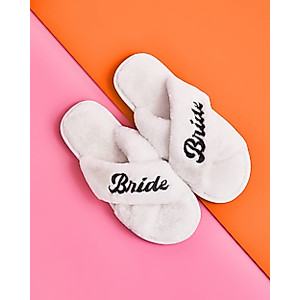 xo, Fetti Bride Slippers, White Fur, S/M | Bachelorette Party Decorations, Wedding Day Sandals, Bridesmaid Gift, Bridal Shower Party Favor