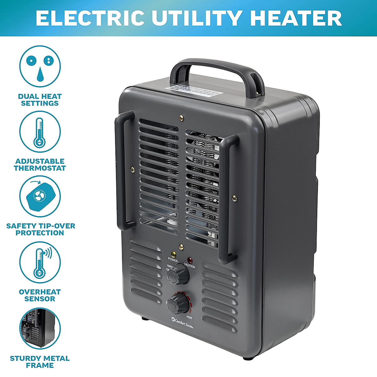 Comfort Zone Milkhouse Style Utility Space Heater with Adjustable Thermostat, Electric, Portable, 3-Prong Plug, Overheat Protection, & Tip-Over Switch, Ideal for Garage or Workshop, 1,500W, CZ798GR3