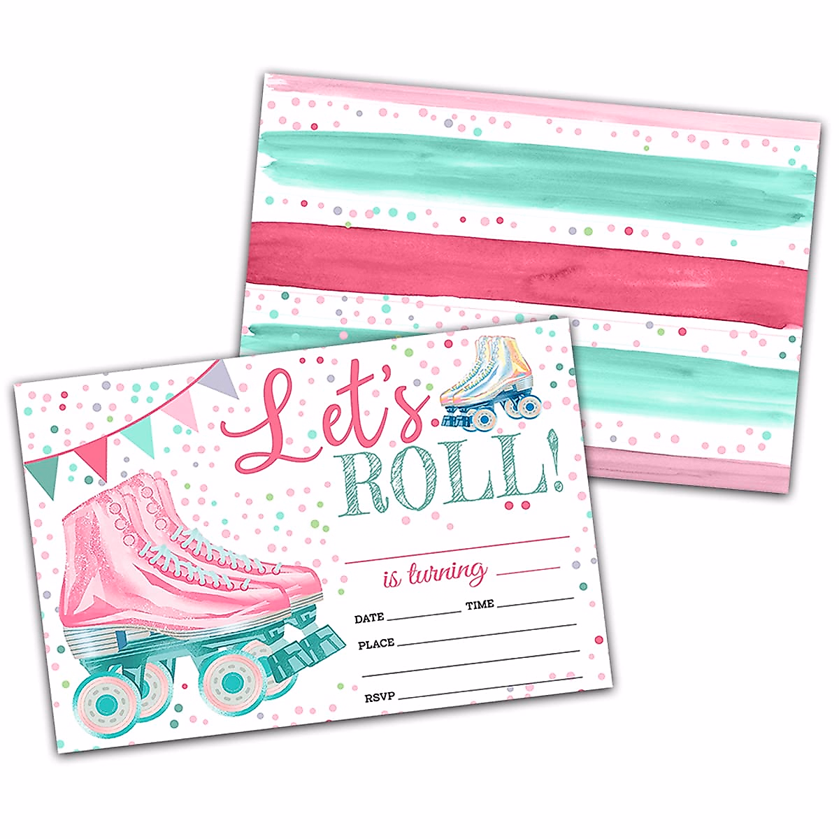 NYCTUG Let's Roll Birthday Fill-In Invitation(4" X 6"), Roller Skate Birthday Party Double-Sided Invites- 20 Invitations With Envelopes-Party Supplies-A17