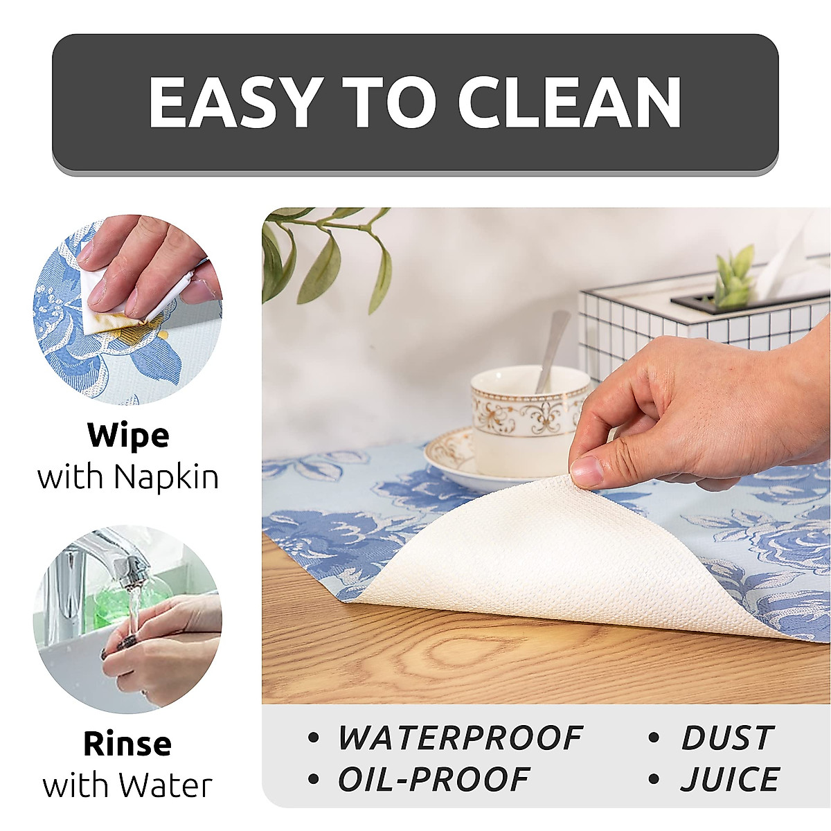 FIFTY FEET 12X60 Inch Shelf Liner for Kitchen Cabinets, PVC Drawer Liner for Dresser Non-Slip Bathroom, Non-Adhesive Cabinet Liner Washable (Blue Flower)(1 Roll)