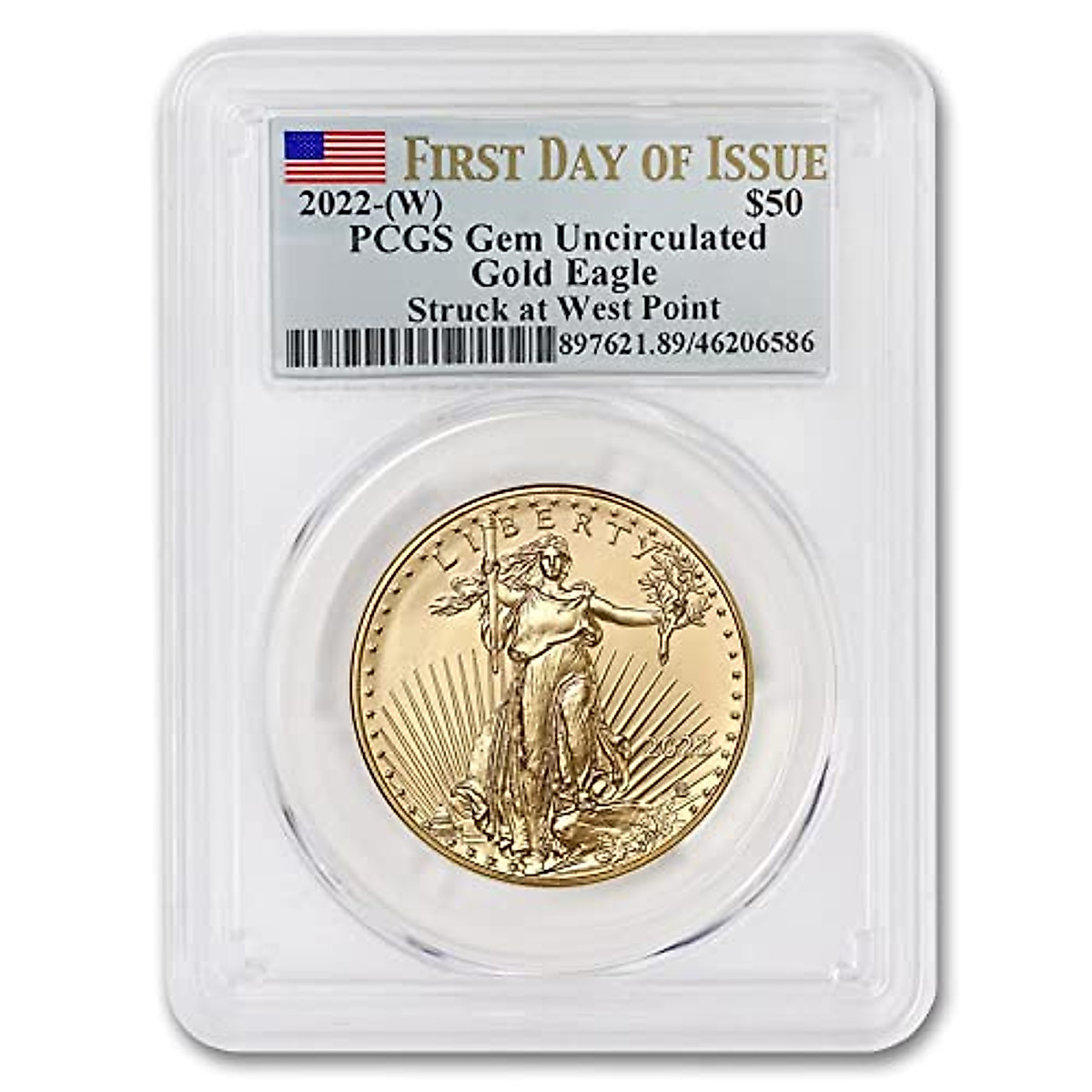 2022 W (W) 1 oz Gold American Eagle Coin Gem Uncirculated (First Day of Issue - Struck at West Point - Flag Label) 22K $50 PCGS GEMUNC