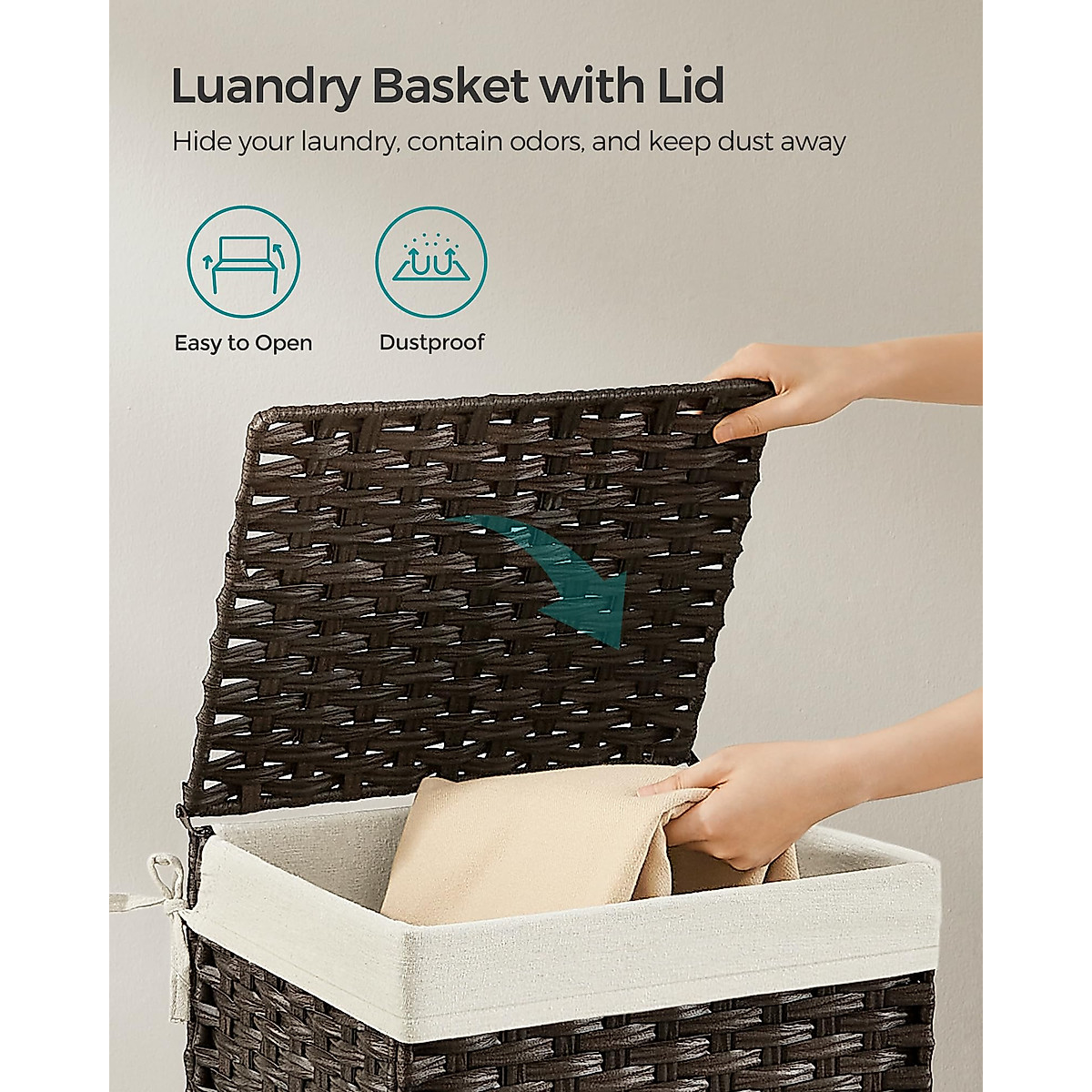 SONGMICS Storage Basket with Lid, 9.2 Gallon (35L) Storage Bin, Woven Blanket Storage Basket with Handles, Foldable, Removable Liner, Metal Frame, for Bedroom, Laundry Room, Brown URST040K01