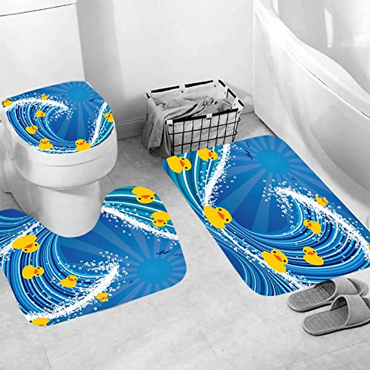 Posienr 4 Piece Cartoon Yellow Duck Shower Curtain Set, Blue Ocean Waves Bathroom Set Includes Non-Slip Carpet, Toilet Seat and U-Pad, Waterproof Shower Curtain with 12 Hooks for Bathroom Decor
