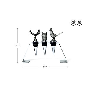 Rigeli Regent Stainless Steel 3-Piece Animal Stoppers Set (Trapezium Holder) Classic Design 3 Piece Wine Stopper Set, Bottle Stoppers with stand - Set of 3