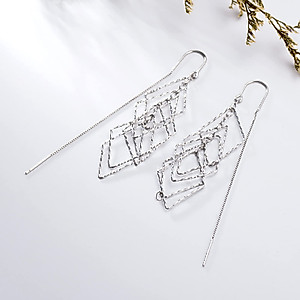 925 Sterling Silver Threader Earrings Geometric Rhombus Tassel Dangle Drop Long Charm Earrings Jewelry Gifts for Women