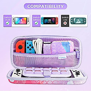 RHOTALL Carrying Case for Nintendo Switch & Switch OLED Cover, Hard Portable Travel Case for Switch Game Accessories with Purple Game Case and 2 Thumb Caps - Fish Tail