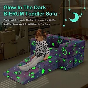 BIERUM Toddler Couch with Blanket, 3-in-1 Luminous Kids Couches and Sofas Fold Out, Convertible Sofa to Playful Slide for Girls and Boys, Extra Softer Kids Sofa Chair for Bedroom Playroom