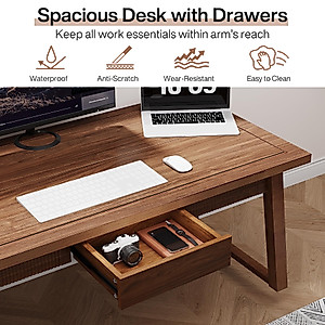 Tribesigns Home Office Executive Desk: 55 Inches Wooden Computer Desk with Drawer, Mid-Century Modern Study Writing Table, Rustic PC Laptop Desk Workstation Furniture, Walnut Brown