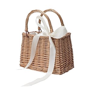 CARMELIT Flower Girl Basket Boho Style Rattan Baskets with White Ribbon for Weddings, Classic Wicker Handbag Basket Purse Basket Bags Women Straw Tote with Handle