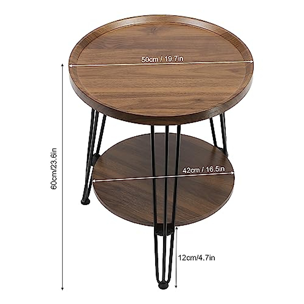 Round End Table, Small Side Table with Storage Shelf, 2-Tier Circular Rustic Vintage Table, Solid Telephone Table Nightstand for Living Room Bedroom Entryway, Black Metal Leg and Walnut Boards
