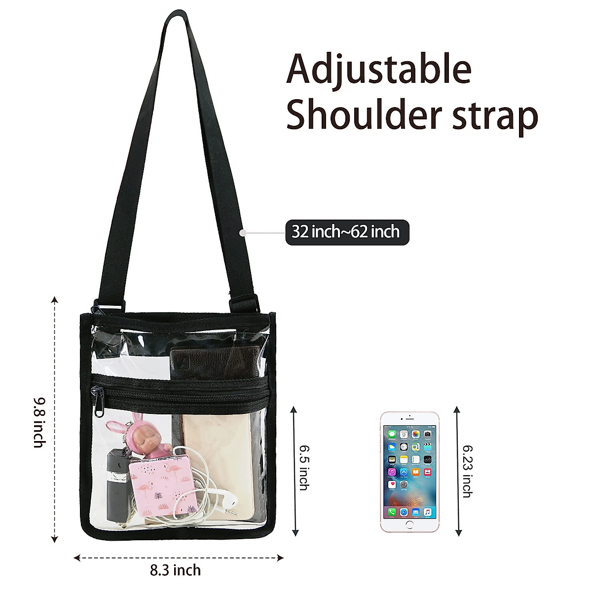 BeeGreen Black Clear Bag Stadium Approved Small Clear Purse with Extra Pocket for Women & Men,Clear Crossbody Purse for Concert, Sporting Events,Clear Messenger Bag w Long Strap for College Gift