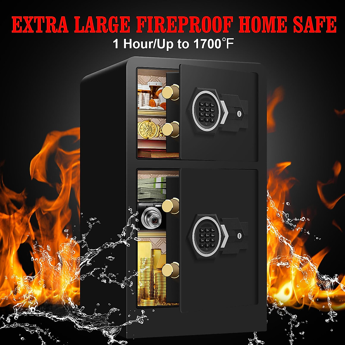 6.1 Cu ft Extra Large Home Safe Fireproof Waterproof, Anti-Theft Digital Home Security Safe Box With Hidden Compartment, Double Safes, Separate Lock Box and Led Light（31.1" x 17.0" x 15.9"）