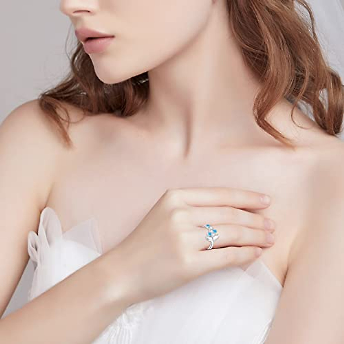 Mermaid Tail Rings Sterling Silver Whale Dolphin Tail Ring Adjustable Wave Ring Blue Mermaid Rings Fishtail Ring with Blue Cubic Zirconia Halloween Mermaid Jewelry Gifts for Women Girls