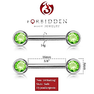 Forbidden Body Jewelry 14g Nipple Ring Barbells Set of 2, Pair of Green CZ 16mm (5/8 Inch) Barbells with 6mm Balls
