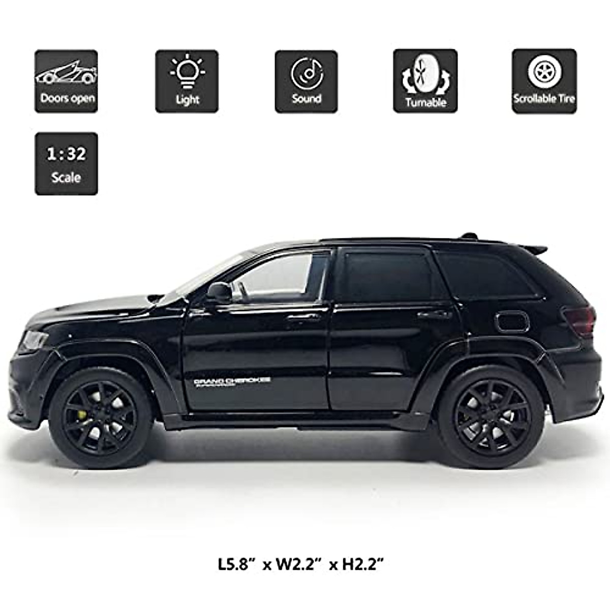 Grand Cherokee Trackhawk Toy Car Diecast Model Car 1/32 Scale SUV Vehicle Metal Zinc Alloy Casting, Light Sound, 4 Doors Open, Boys Toys Kids Birthday Gifts Mens Collection, Black