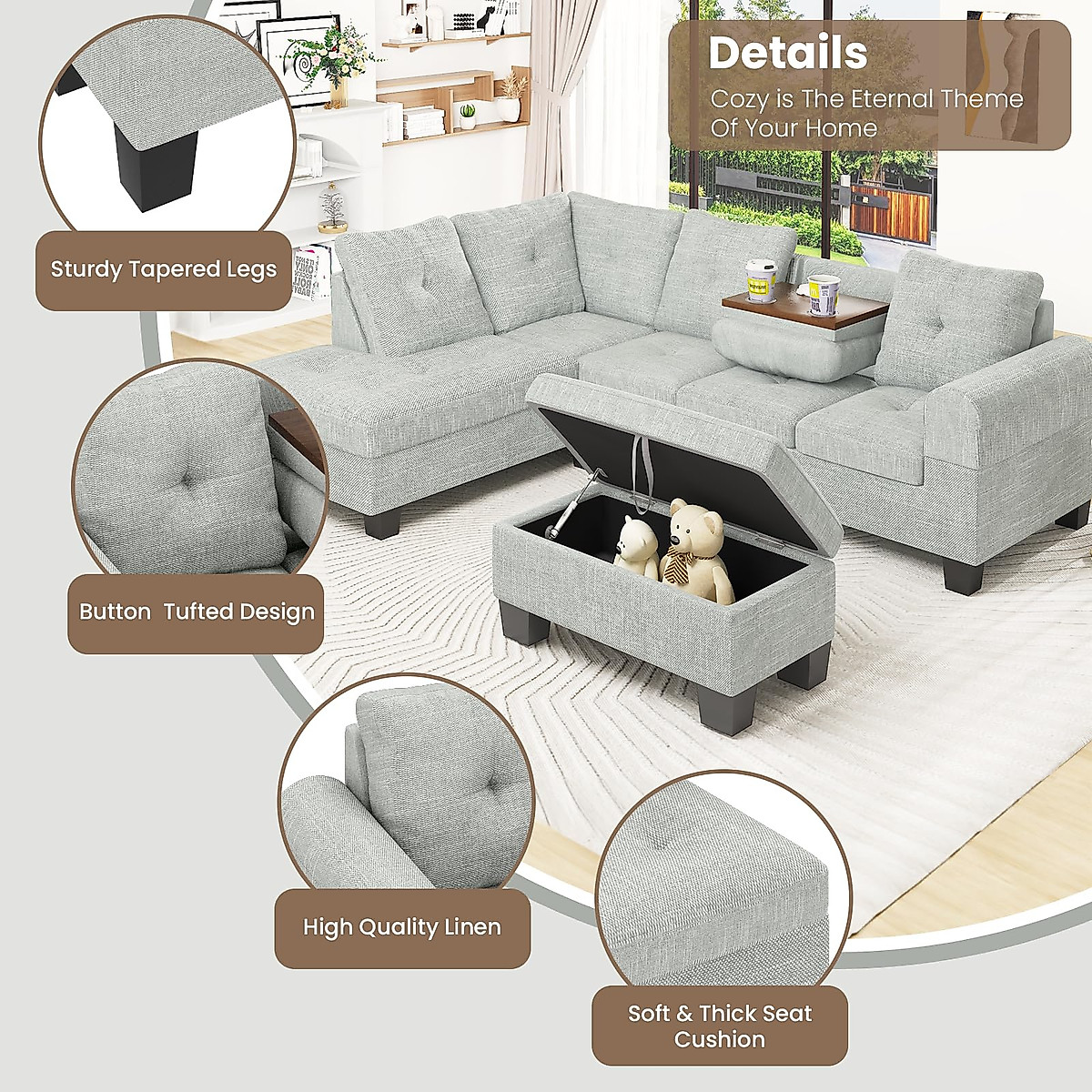 AWQM Modular Sectional Sofa with Ottoman, Fabric L-Shaped Couch with Chaise & Cup Holders, Living Room Furniture Sets Sectional Sofa Set, 6 Seat Corner Couch Sofa for Living Room, Apartment