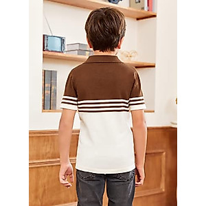 Boys Short Sleeve Polo Shirt, Button Closure, Knit Stretch Stripe T-Shirts for Kids and Teens 5-14 Years Brown