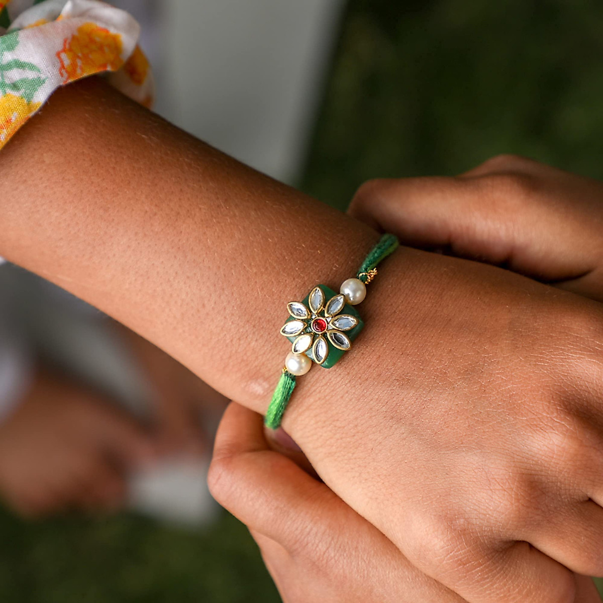 Desi Favors Green Kundan Rakhi for Raksha Bandhan - Rakhi for your Brother Gift - Traditional Beautiful Handmade Thread Rakhi for Beloved Rakshabandhan - 14 Inch