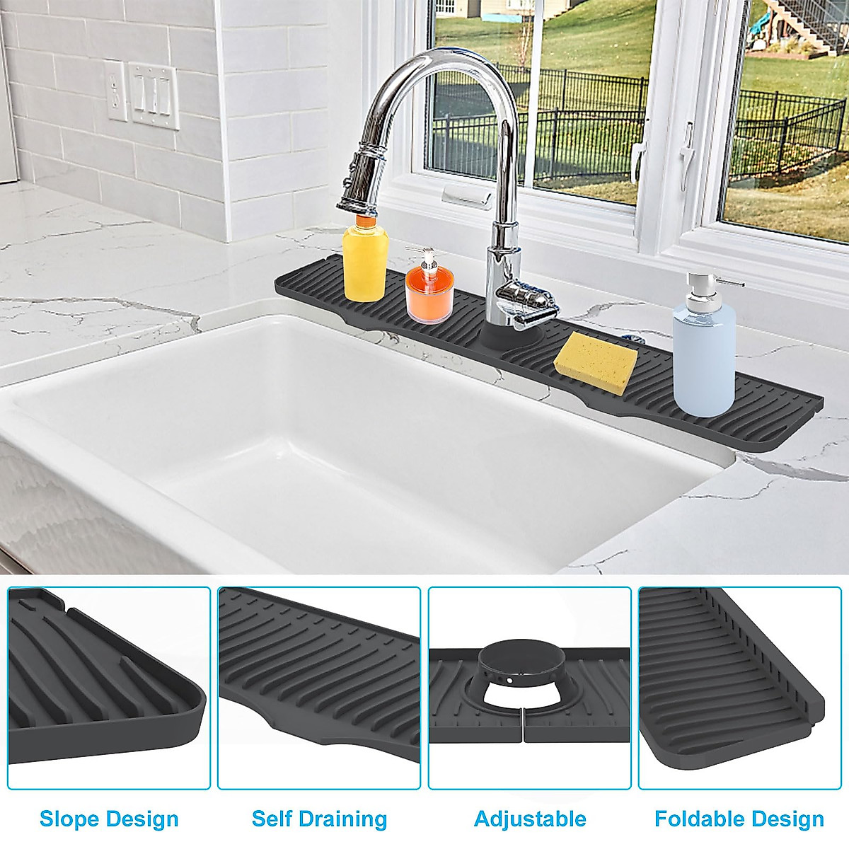 32 inch Kitchen Sink Splash Guard, Silicone Faucet Splash Guard, Large Size Silicone Sink Mat for Kitchen Bathroom, Faucet Handle Drip Catcher Tray (Black)