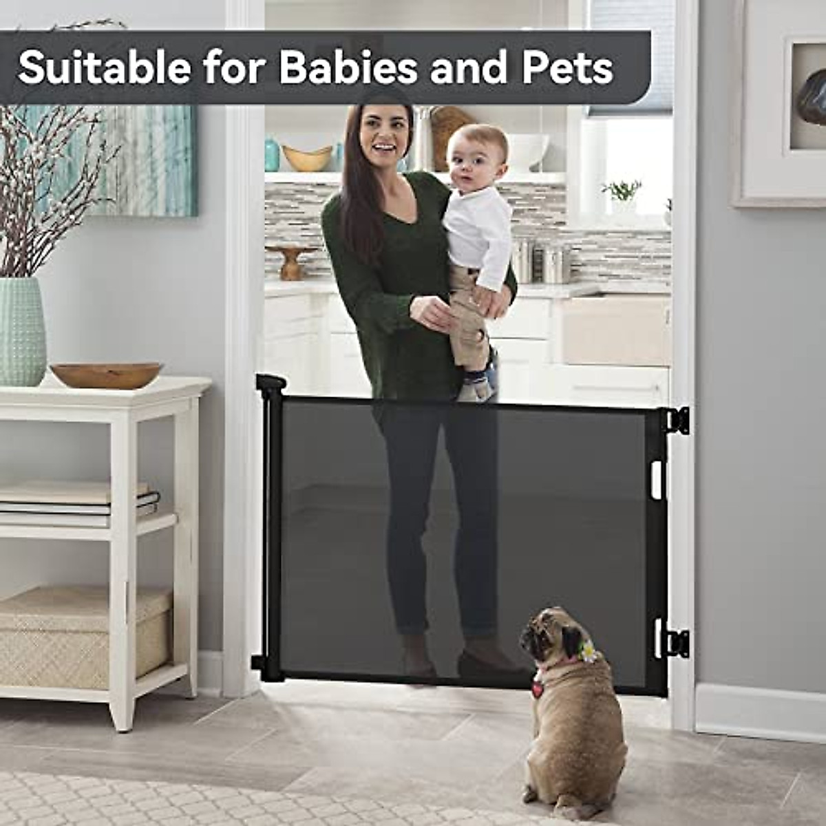 Fijinhom Retractable Baby Gate Indoor Outdoor Safety Gate for Baby and Pet Extends to 71’’ Wide 35’’ Tall Child Safety Gate Mesh Gate for Stairs, Doorways,Hallways