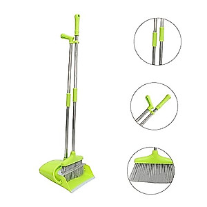 HOMOCONO 1 Set Broom Dustpan Set Broom Standing Broom and Dustpan Home Cleaning Device Standing Dustpan and Brush Upright Standing Lobby Broom and Dust Pan Toy Stainless Steel Green