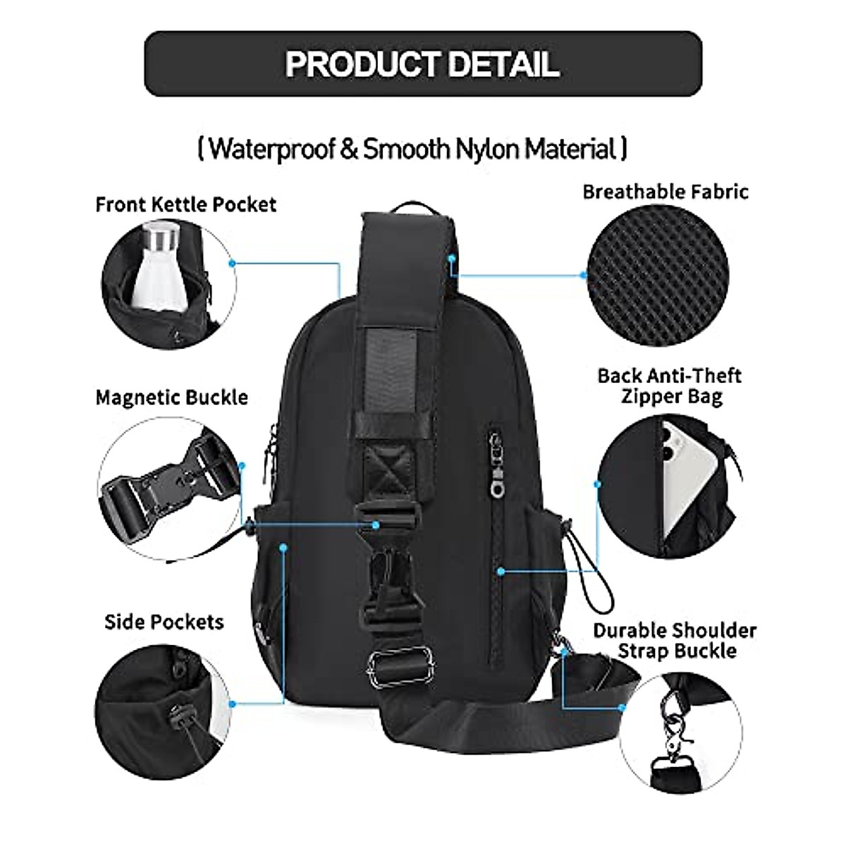 Black Sling Crossbody Bag for Men Women, Tactical Backpack Shoulder Daypack Mini Anti-Theft Cross Body Motorcycle Chest Bags, Small One Strap Backpack for Casual Travel Hiking Outdoor Sports