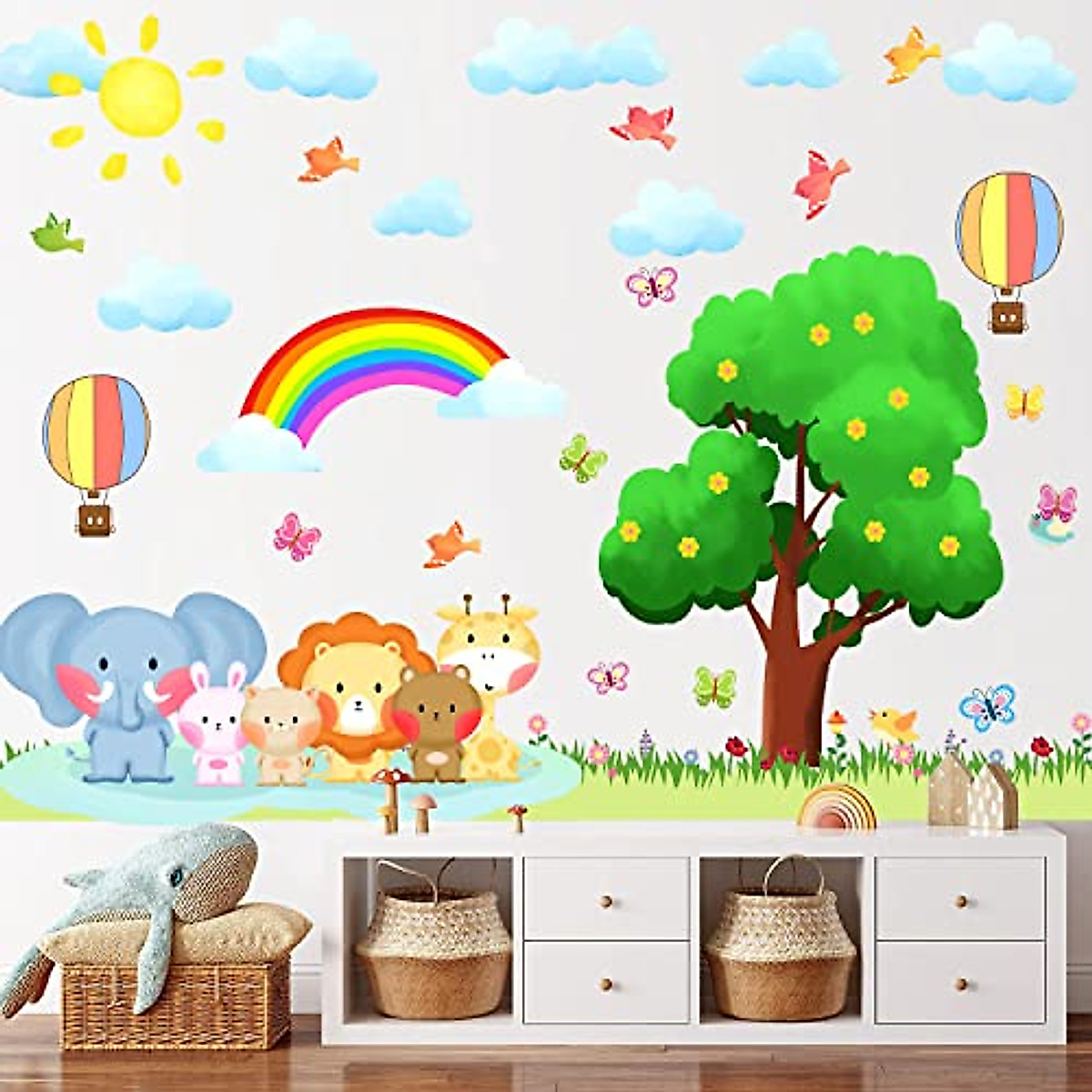 KOKOLAP Tree Animal Wall Stickers,Forest Animal Wall Decal Baby Room Decor,Nursery Wall Decor Rainbow Wall Stickers Peel and Stick,Elephant Bear Wall Sticker Kids Room Bedroom Classroom Playroom Decor