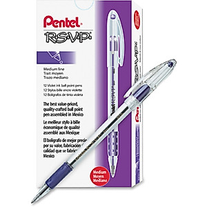 Pentel® R.S.V.P.® Ballpoint Pens, Medium Point, 1.0 mm, Clear Barrel, Violet Ink, Pack Of 12