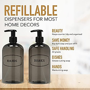Bottiful Home-16 oz. Gray Plastic Shampoo, Conditioner, Wash, Hands, Dishes Refillable Reusable Shower & Kitchen Bottles-Black Lotion Pumps-2 Twist-on Funnels for Hands-Free Refills-Bundle
