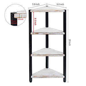 MyGift 4 Tier Shabby White Washed Solid Wood and Matte Black Metal Bathroom Corner Standing Shelf, Decorative Bath Storage Shelving Stand