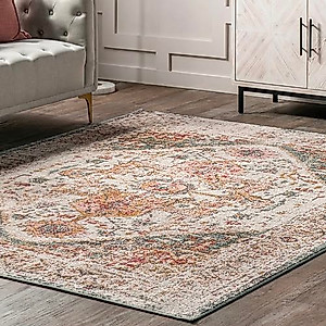 nuLOOM 10x14 Justine Vintage Medallion Area Rug, Beige, Faded Persian Design, Stain Resistant, For Bedroom, Dining Room, Living Room, Hallway, Office, Kitchen, Entryway
