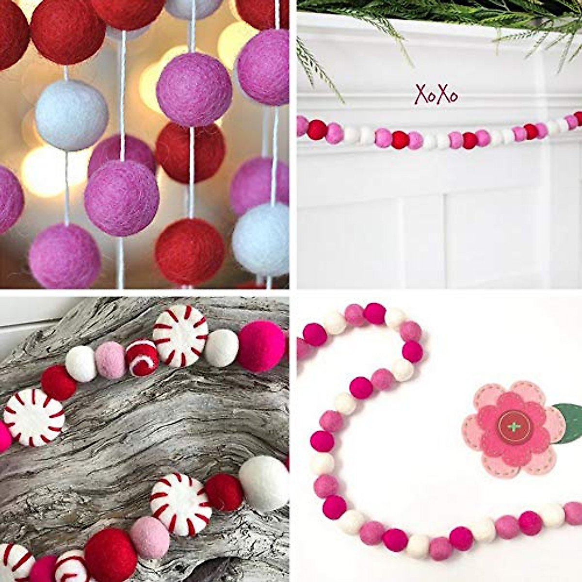 Supla 6' Long Pom Pom Garland 24 Pcs 1" Diameter Wool Felt Balls Garland Strand Red Pink Rose White Ball Garland Valentine's Day Party Garland Tree Garland for Mantel Wall Child's Room Nursery Décor