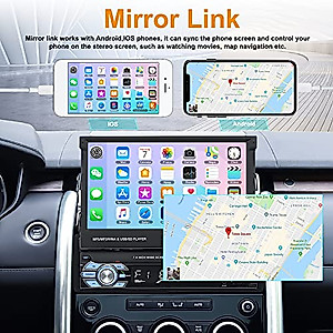 UNITOPSCI Single Din Car Stereo Car Radio with 7" Auto Retractable HD Touch Screen Car MP5 Player with Bluetooth FM Radio Mirror Link Head Unit Support TF USB AUX in Remote Control Backup Camera SWC