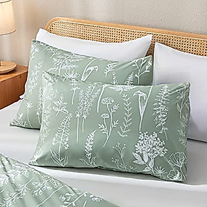 JANZAA 3 Pieces Duvet Cover, Queen, Sage Green, Floral Comforter Cover with Zipper Closure 4 Ties (2 Pillow Cases)