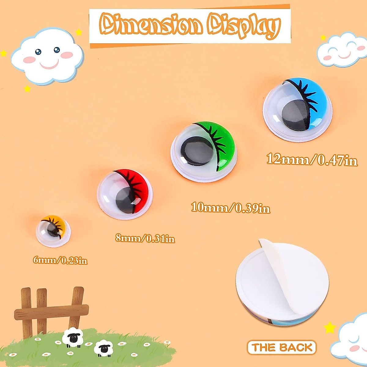 UPINS 1000pcs Wiggle Eyes with Eyelashes Self Adhesive Googly Eyes for DIY Craft 6 mm 8 mm 10 mm 12 mm Mixed Packaging and Multi Assorted Colors