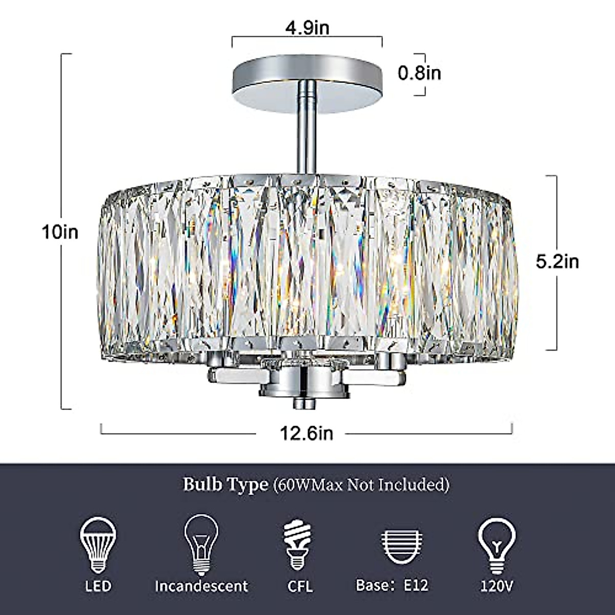 KARMIQI Crystal Flush Mount Ceiling Light 13 Inch Drum Semi Chandelier Flush Mount Light Fixture for Chrome Finish Ceiling Lamp for Dining Room Bedroom Kitchen Island Hallway Entryway