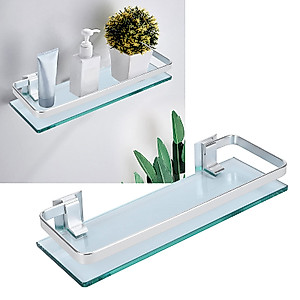 Hilitand Bathroom Rack, Aluminum Shelf Tempered Thickened Glass Bathroom Toilet Glass Storage Organizer Rack Wall Mounted with Screws for, Shower Caddies