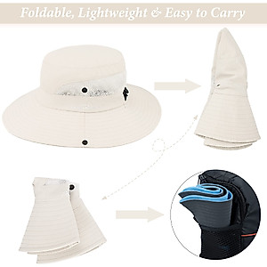 Womens Summer Quick-Dry-Sun-Hat Outdoor - Mesh Wide Brim UV-Protection Beach Fishing Hat with Ponytail Hole Foldable Beige